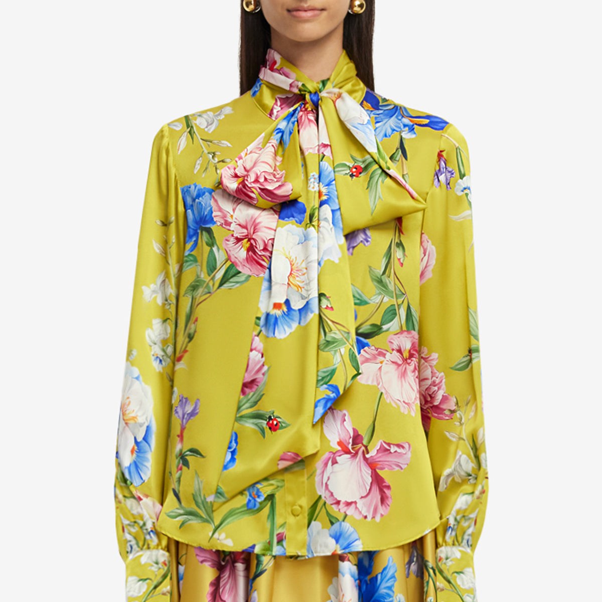 Freya Tie Neck Silk Blouse - Garden Print in Mustard – LEO LIN