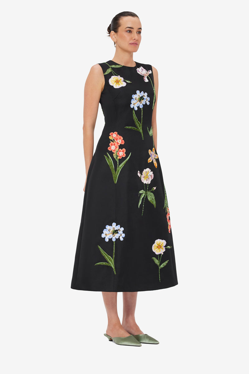 Cleo Embroidered Sleeveless Midi Dress - Botanical Print in Ebony – LEO LIN