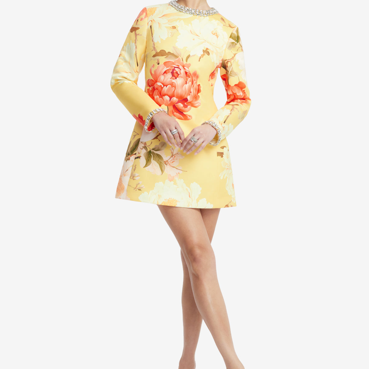 Aliza Embellished Long Sleeve Mini Dress - Peony Print in Yellow – LEO LIN